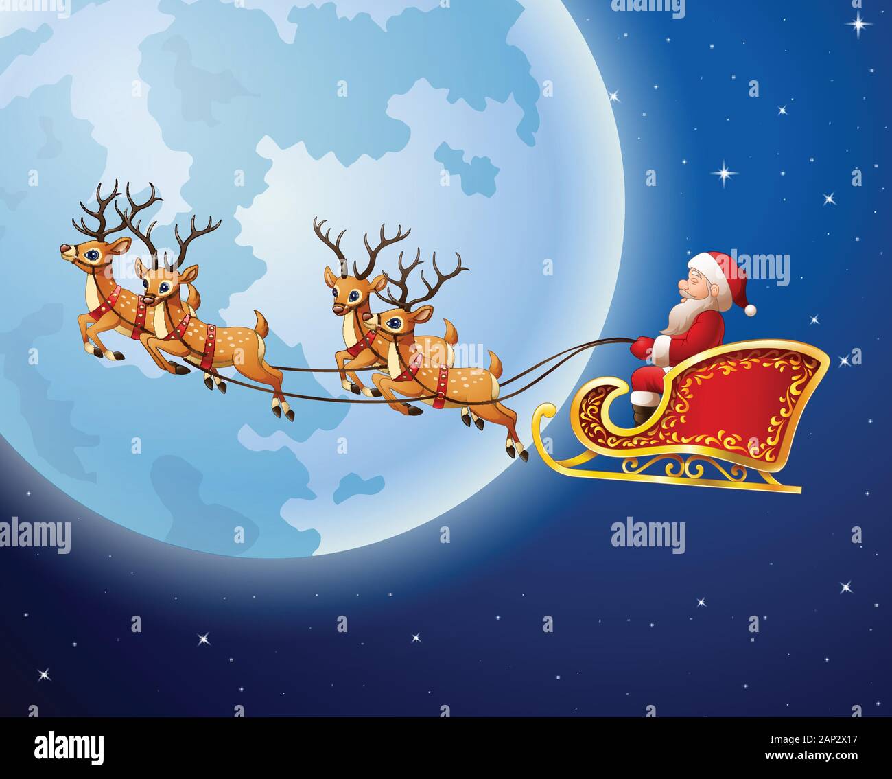 Santa Claus Rides Reindeer Sleigh Against A Full Moon Background Stock