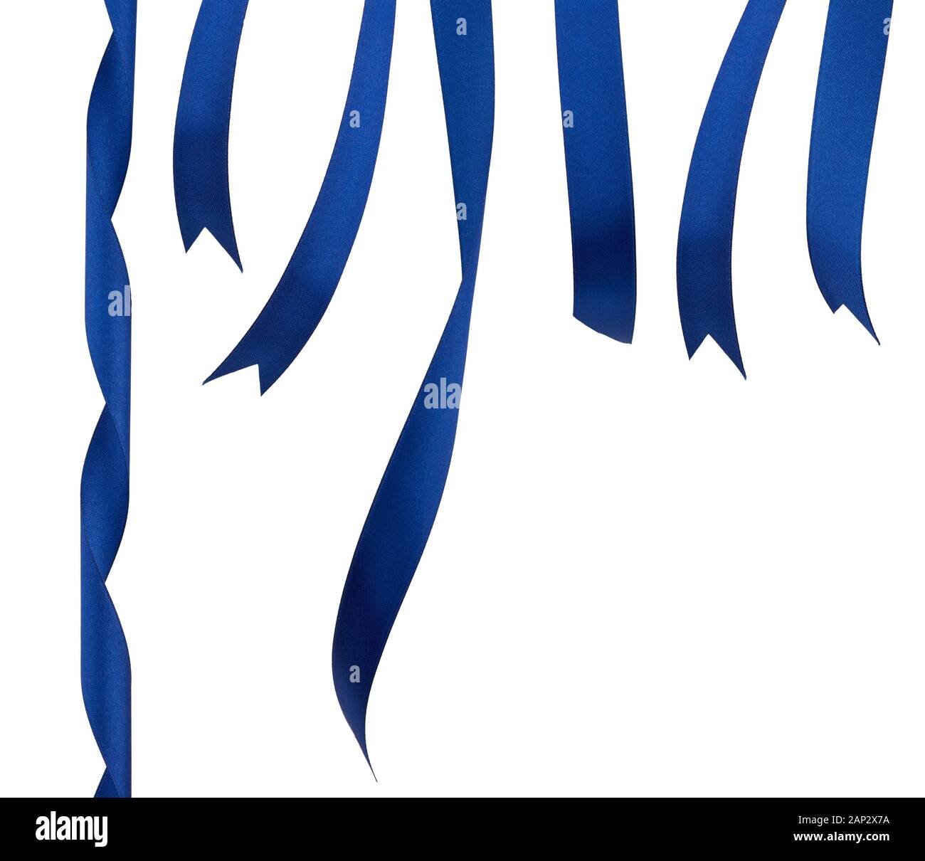 different ends of blue silk ribbon isolated on white background, close ...