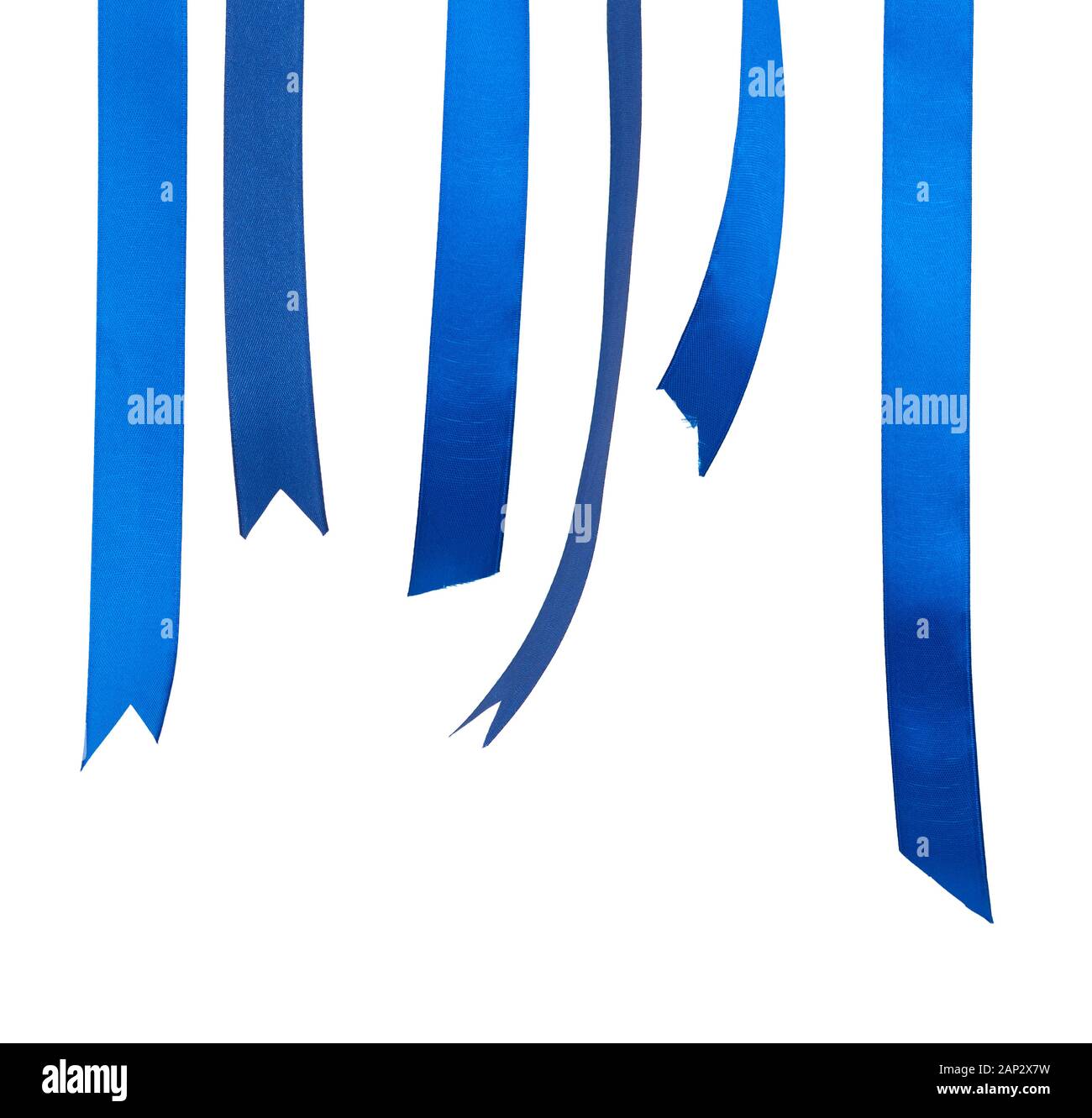 different ends of blue silk ribbon isolated on white background ...