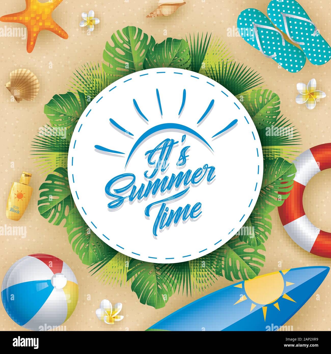 Summer beach background circle for text and colorful beach Stock Vector ...