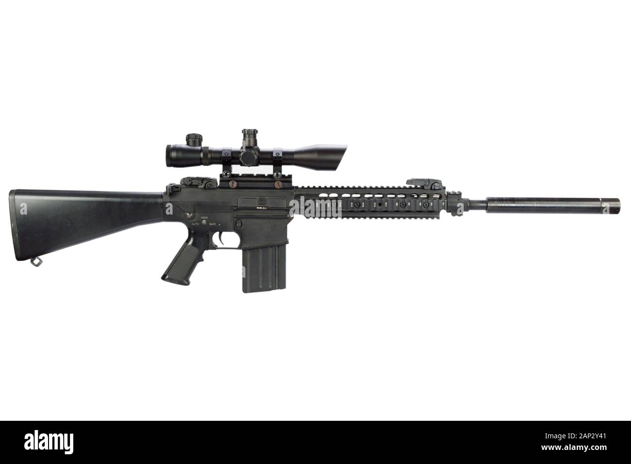 AR-15 based sniper rifle with silencer isolated on a white background ...