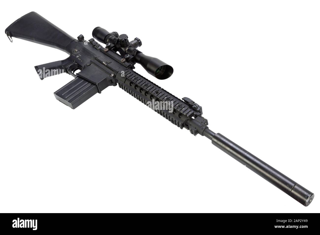 AR-15 based sniper rifle with silencer isolated on a white background ...