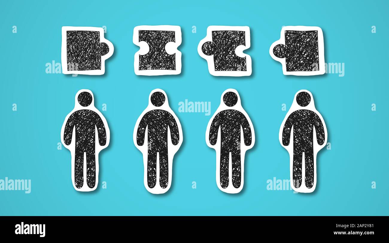 Group of creative people with puzzles above over blue background Stock ...