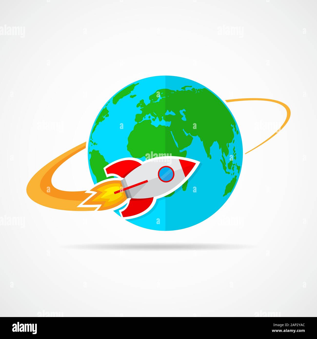 The spacecraft flies around the Earth. Colored space rocket with Globe ...