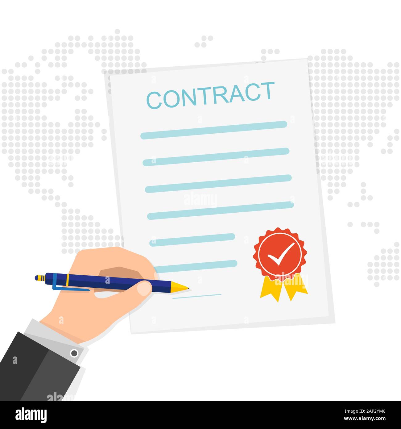 Agreement concept - hand signing of paper contract. Vector illustration ...