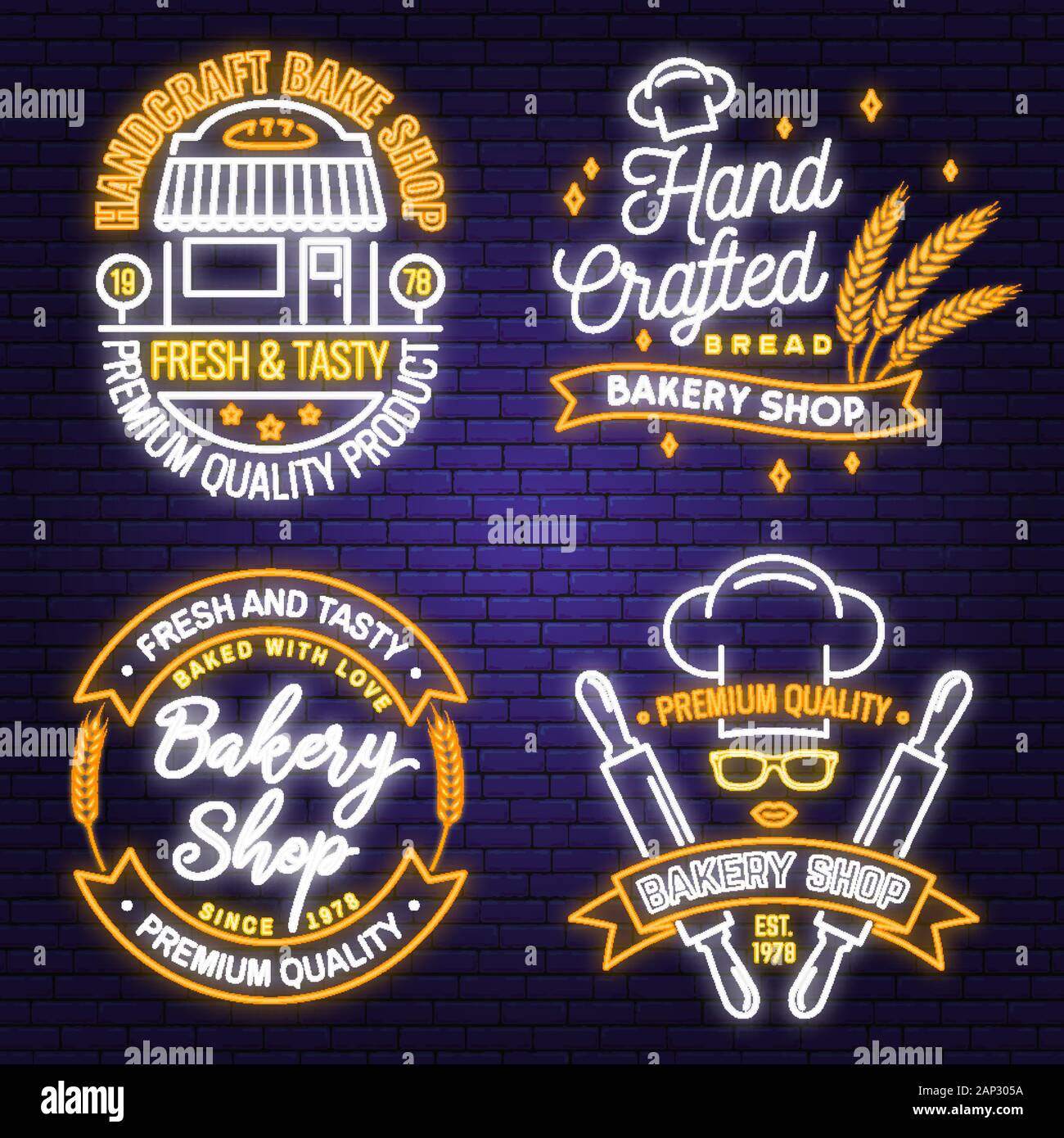 Set of Bakery shop neon bright signboard, light banner. Vector. Concept ...