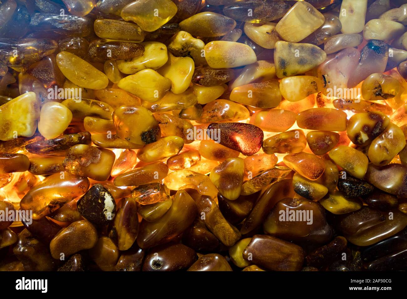 Amber grains with backlight illumination as texture or background. heap ...