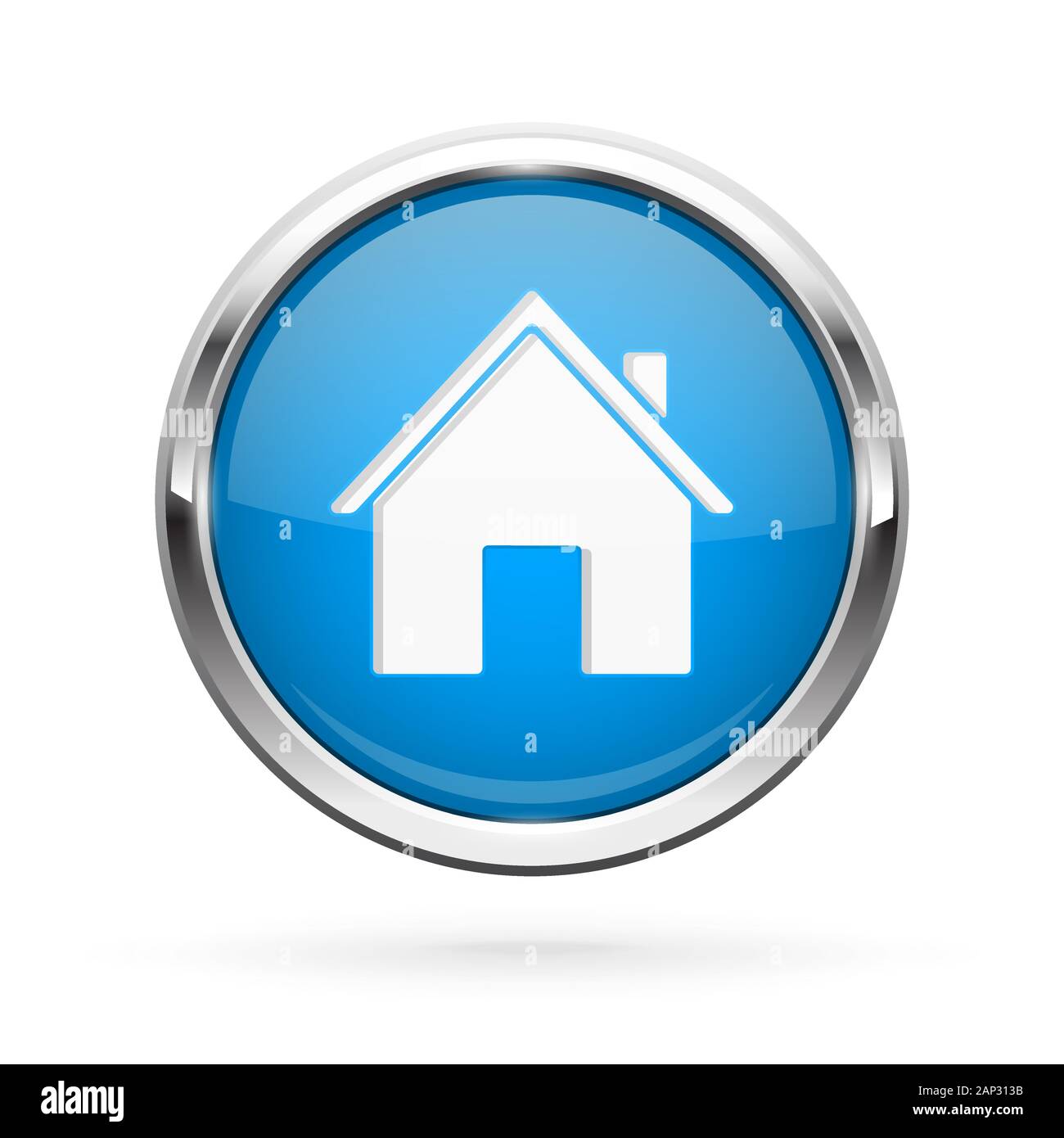 Closed icon. Blue shiny 3d button with metal frame and locked home ...