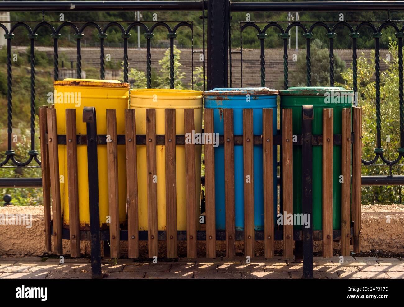 Colored garbage cans on the street Krasnaya Polyana Sochi Stock Photo ...