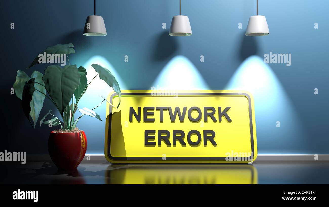 NETWORK ERROR yellow sign at blue wall - 3D rendering illustration ...