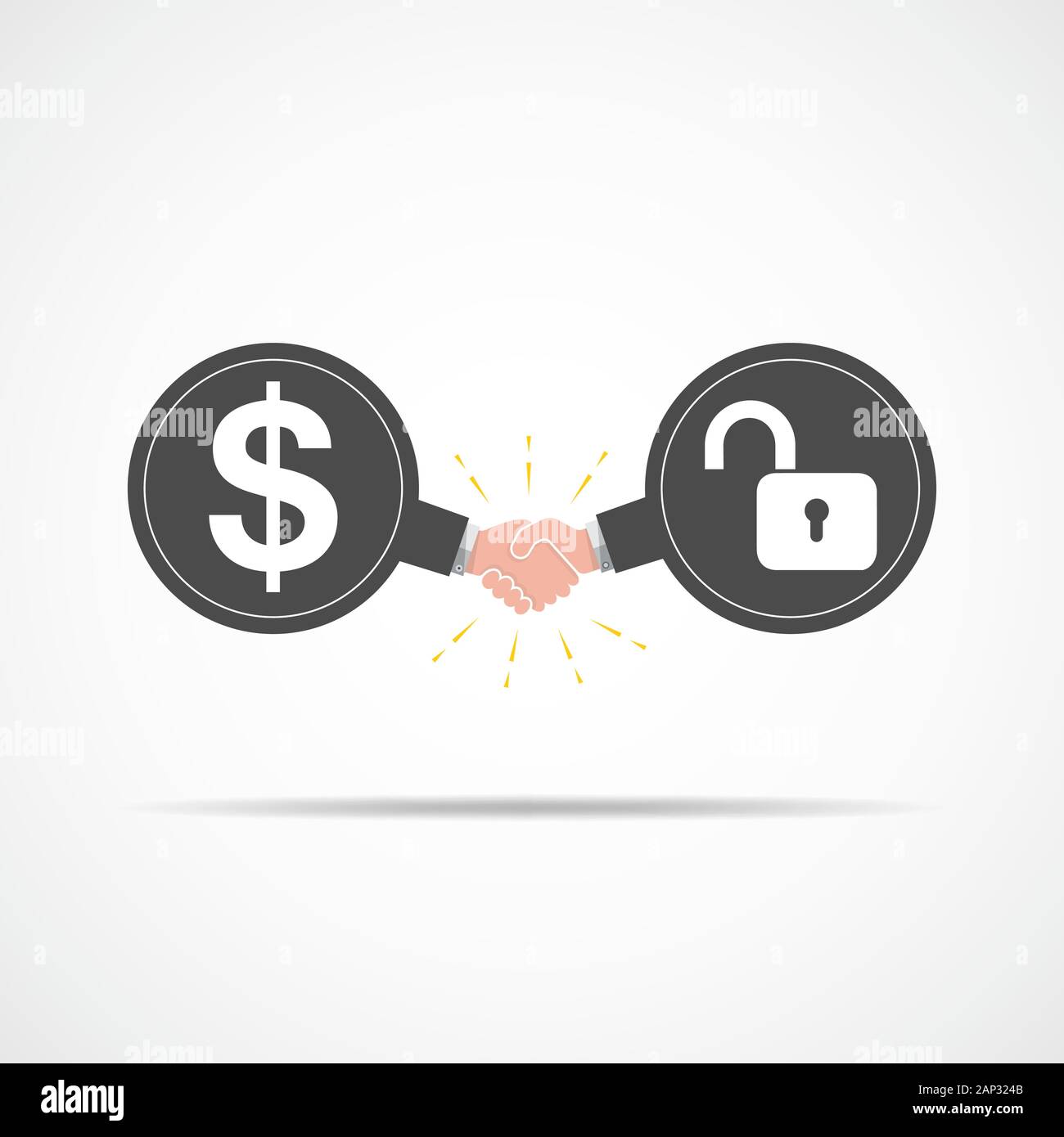 Symbol of handshake between dollar signs and open lock. Vector ...