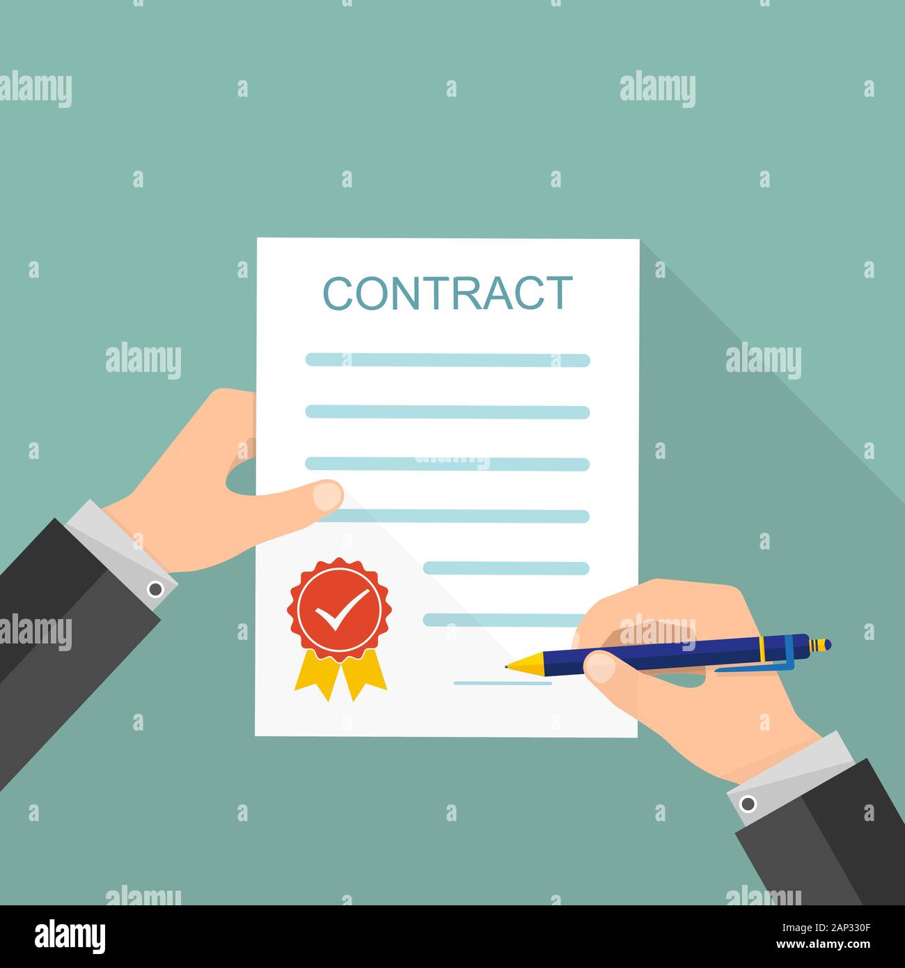 Agreement concept - hand signing of paper contract. Vector illustration ...