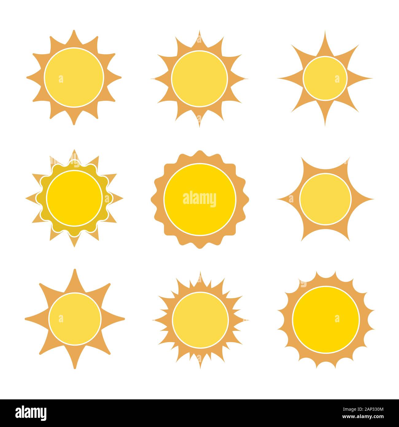 Set of yellow sun icons in flat design. Vector illustration. Sun icons ...