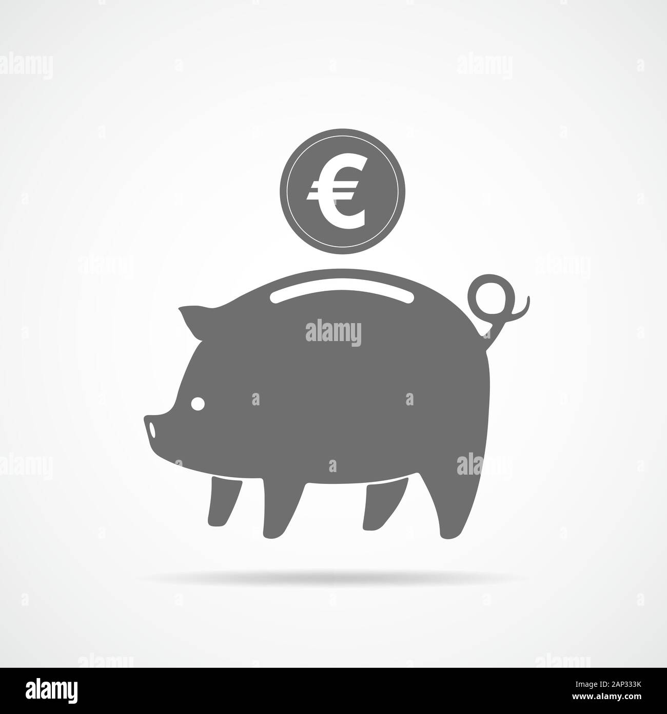 Gray piggy bank and coin isolated. Piggy bank with euro coin in flat ...