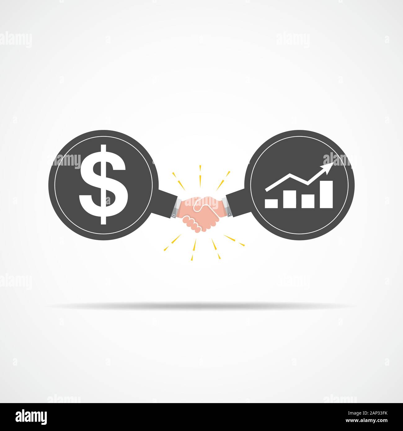 Symbol of handshake between dollar signs and bar graph. Vector ...
