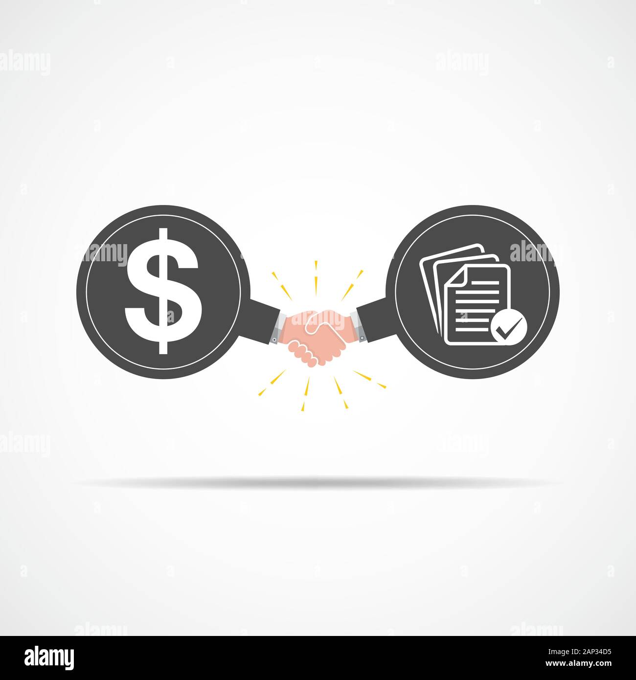 Symbol of handshake between dollar signs and business documents. Vector ...