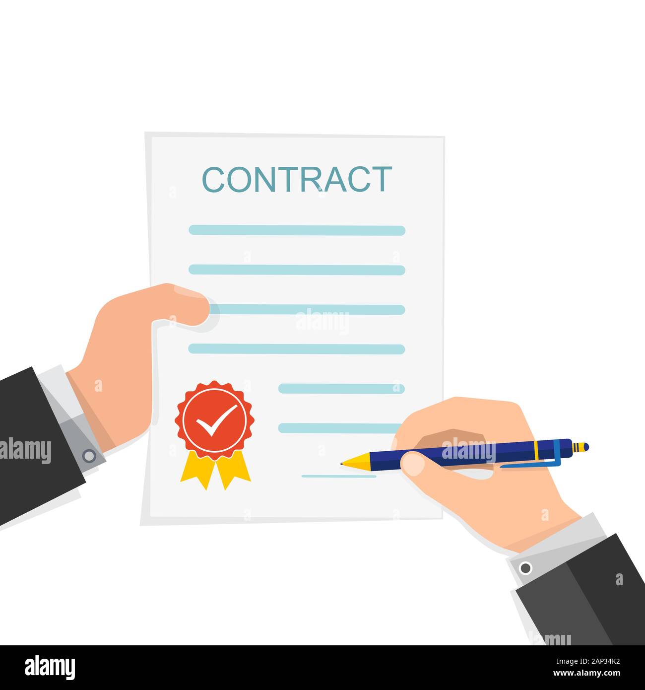 Agreement concept - hand signing of paper contract. Vector illustration ...