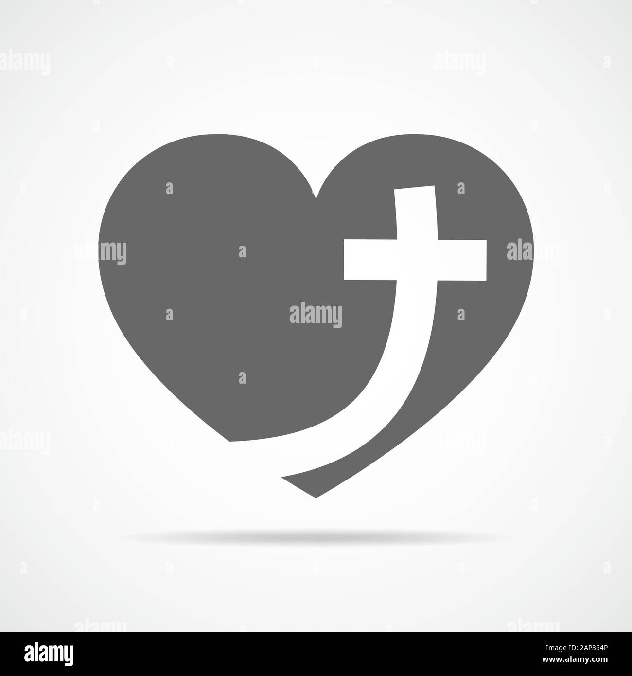 Christian cross in the heart inside. Gray heart sign isolated on light ...