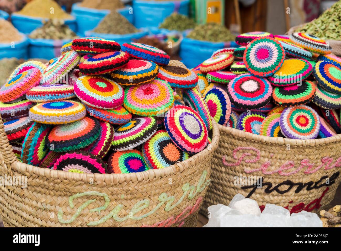 Goods or souvenirs and spices at the Medina in Marrakesh Stock Photo ...