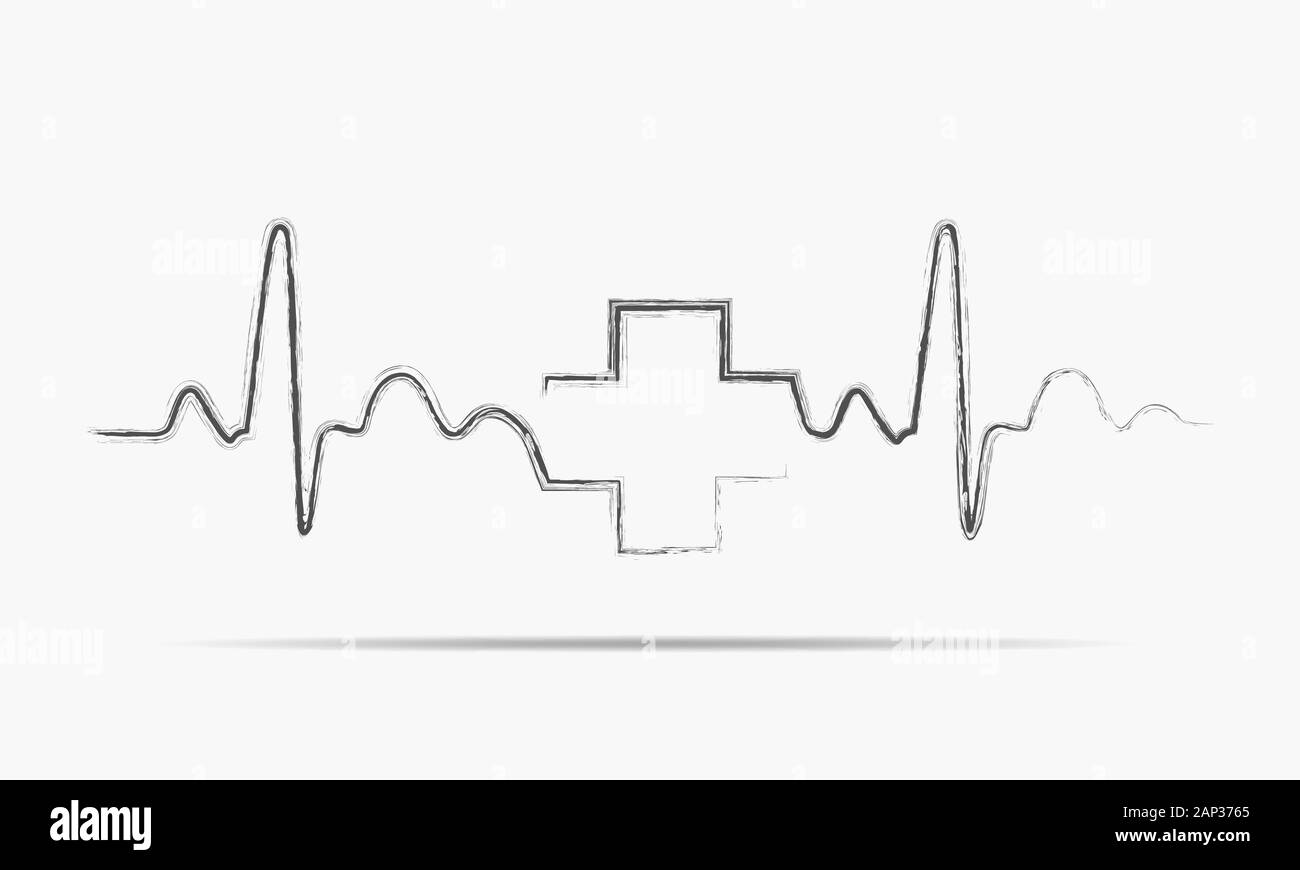 Gray heartbeat sign with medical cross. Vector illustration. Hand drawn ...
