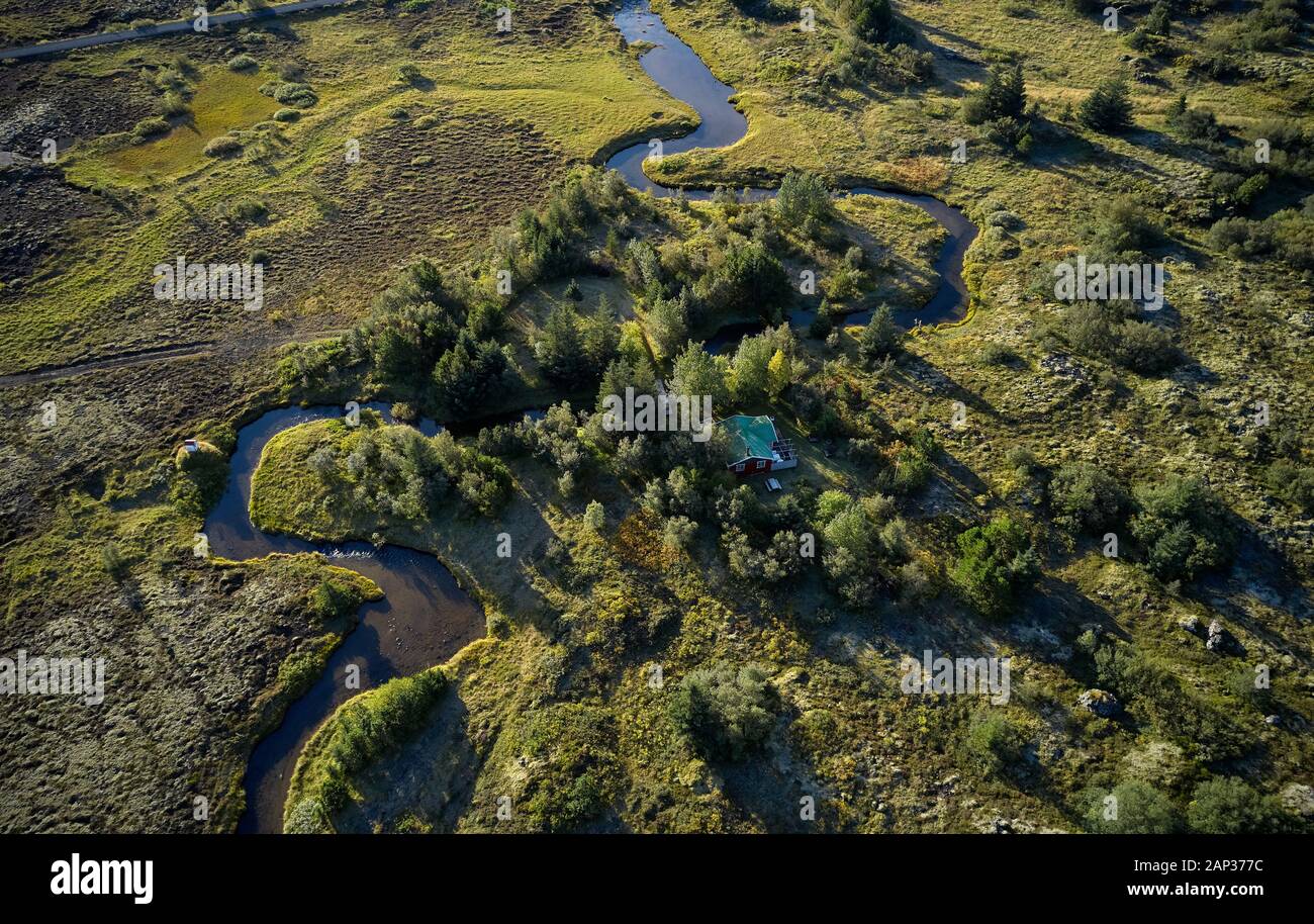 From above magnificent landscape with lonely country house near narrow ...