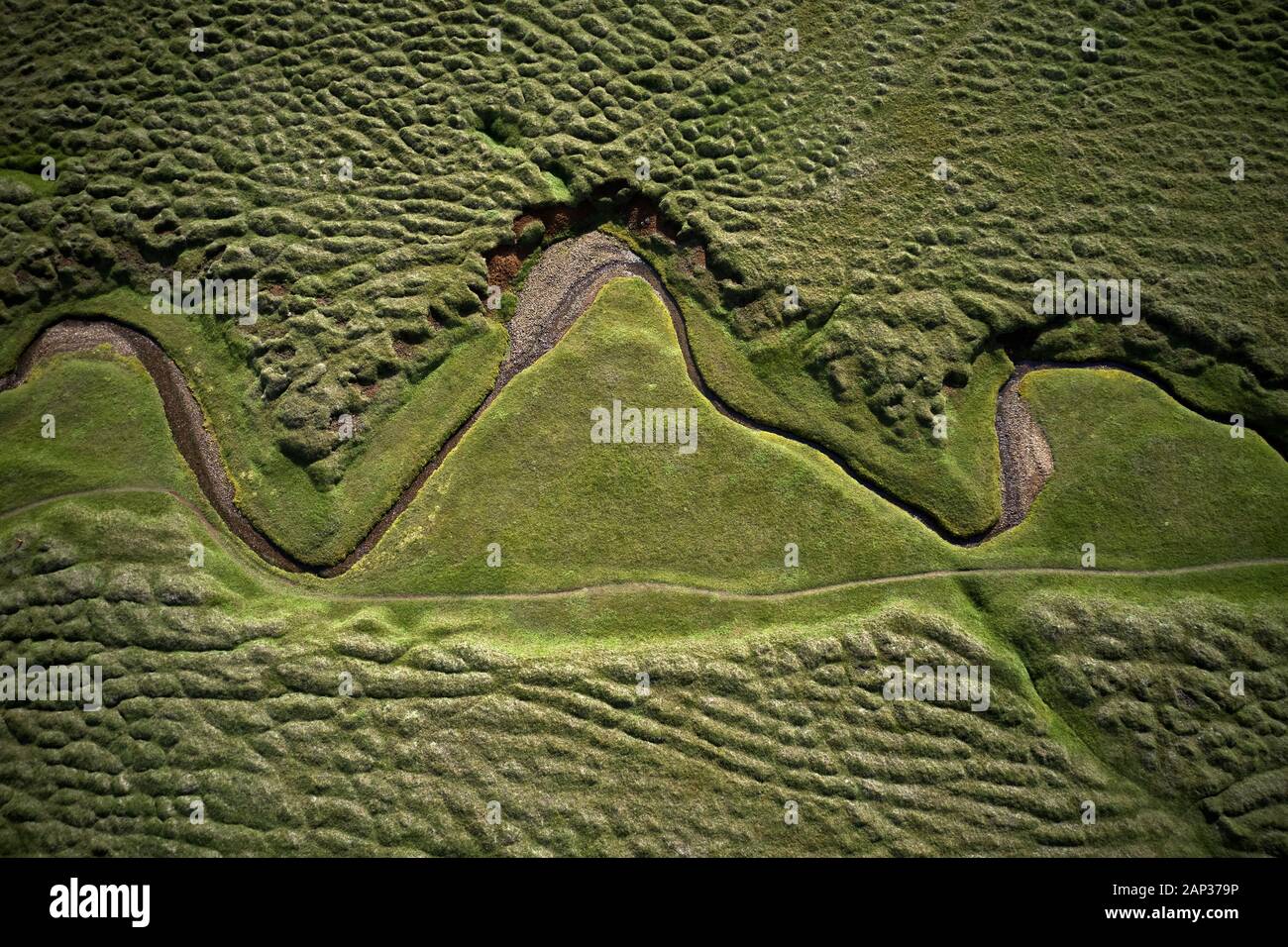 From above breathtaking landscape of green field and dry curving river ...