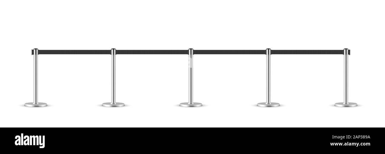 Retractable belt stanchion. Portable ribbon barrier. black fencing tape ...
