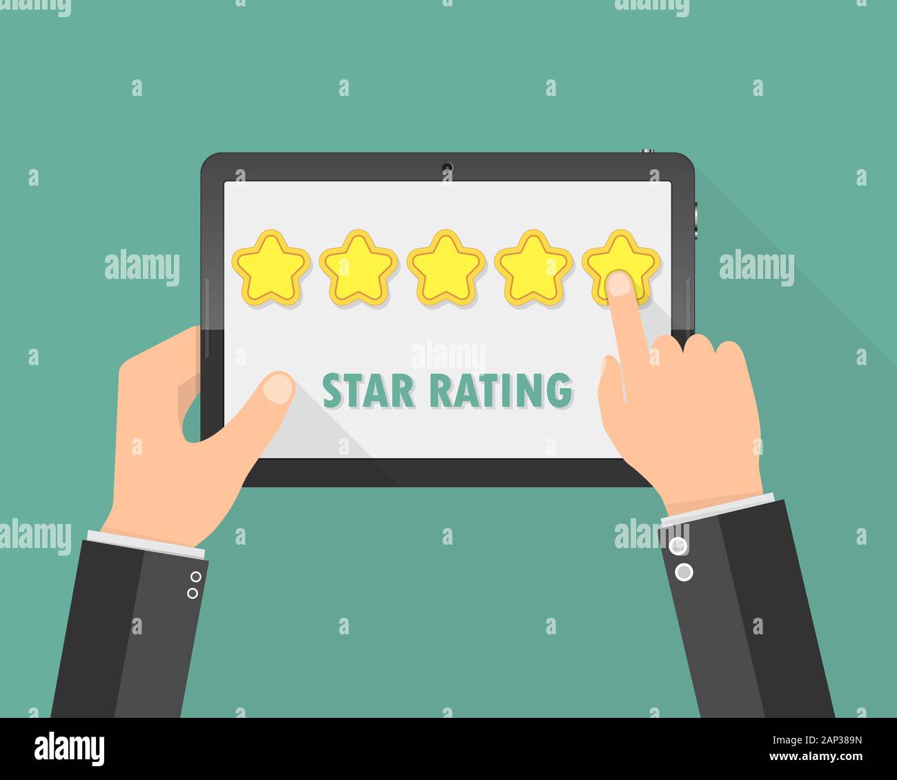 Hands holding a tablet computer with rating stars. Vector illustration ...