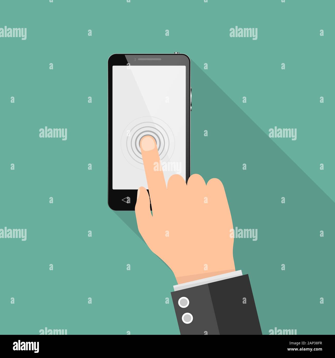 Smart phone with blank screen. Vector illustration. A man touches ...