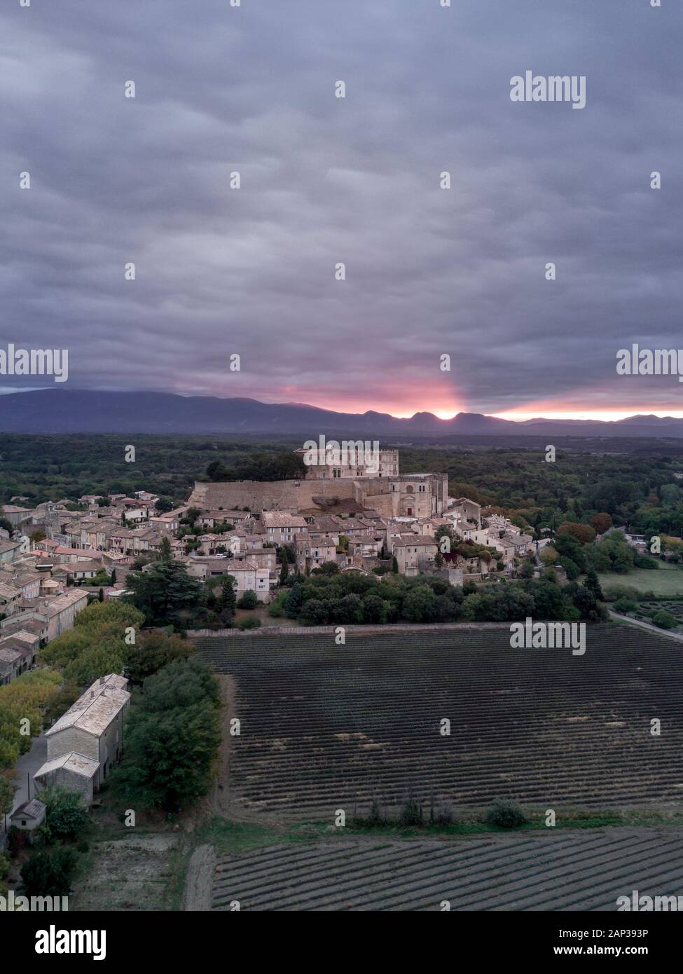 The famous typical Grignan village in provence at sunrise from above ...