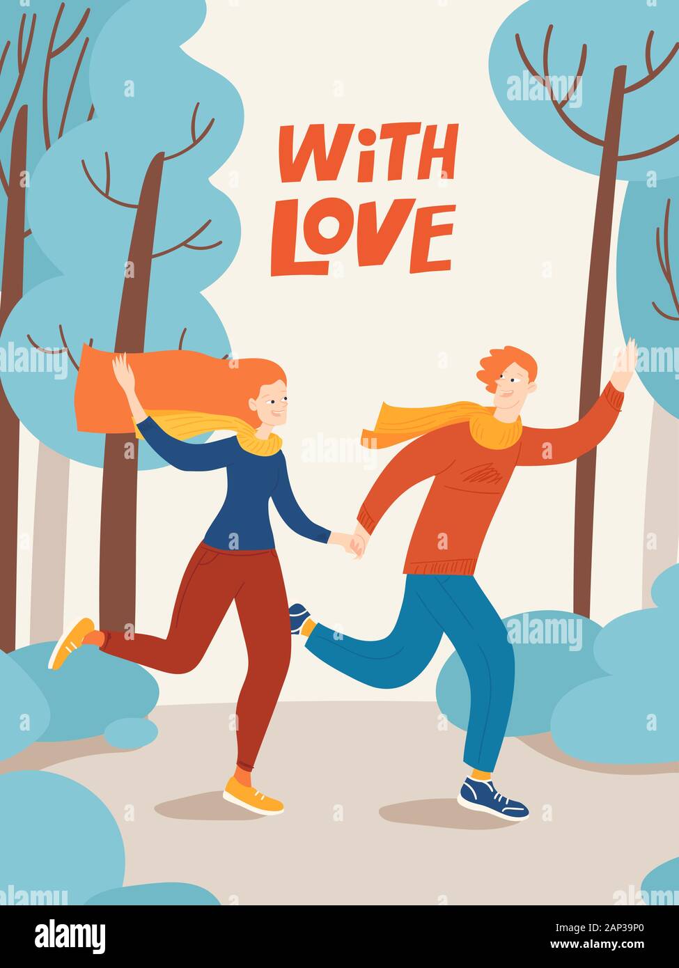 Valentines day poster with couple in love running in a park Stock ...