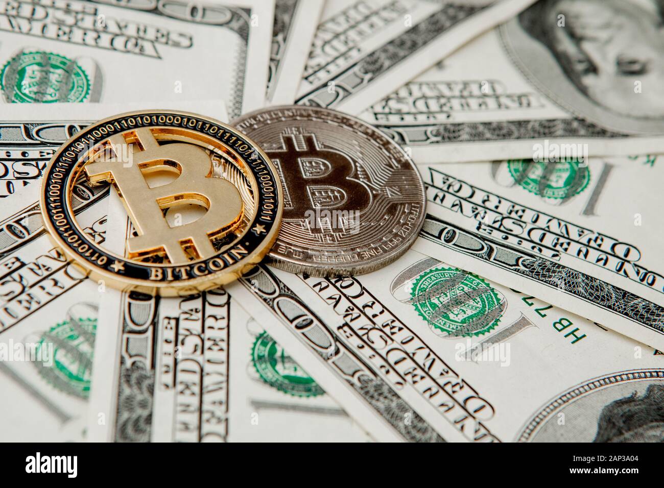 Bitcoin on US dollar bills. Electronic money exchange concept Stock ...