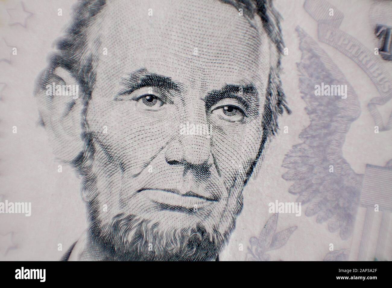Close up of Abraham Lincoln Five Dollar Bill Stock Photo - Alamy