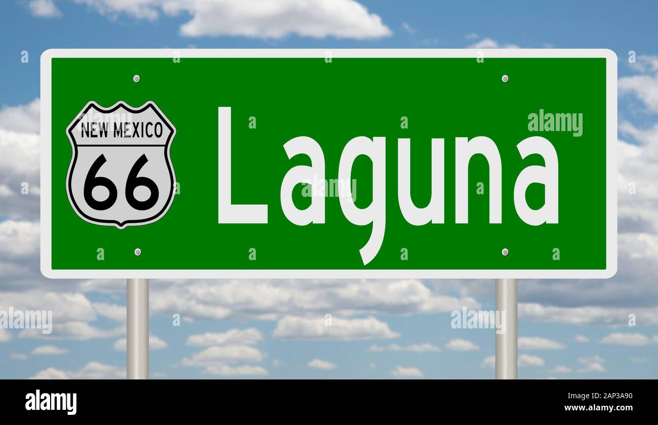 Rendering of a green 3d highway sign for Laguna New Mexico on Route 66 ...