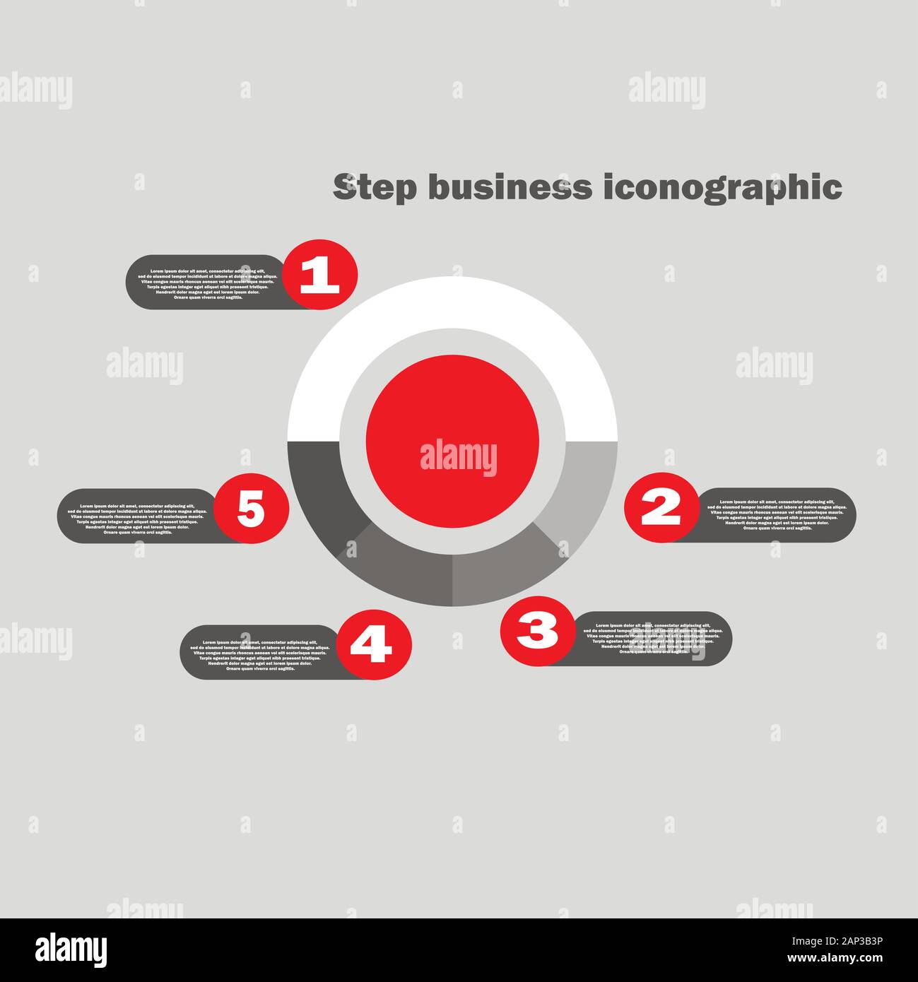 Five-part circular gray business chart infographic with description ...