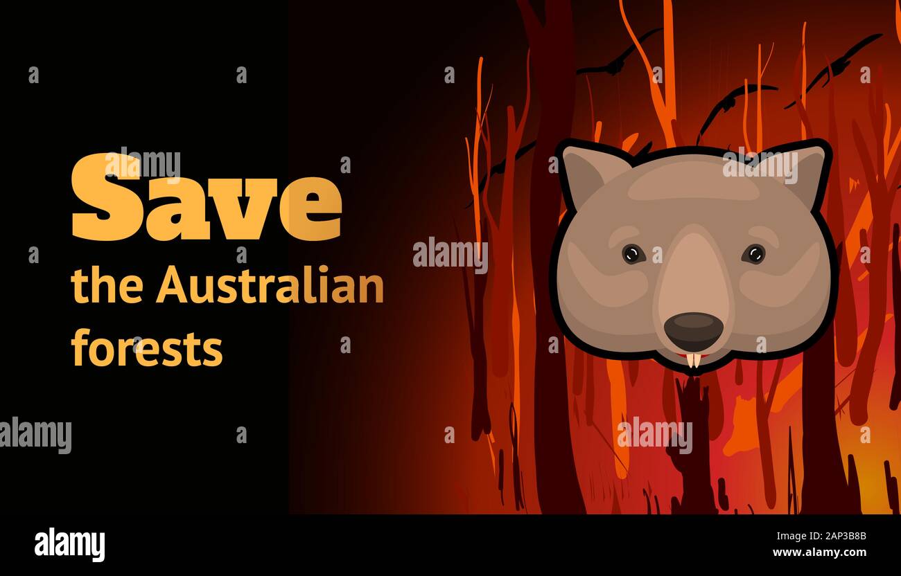 Banner with a burning forest, wombat and the inscription Save the ...