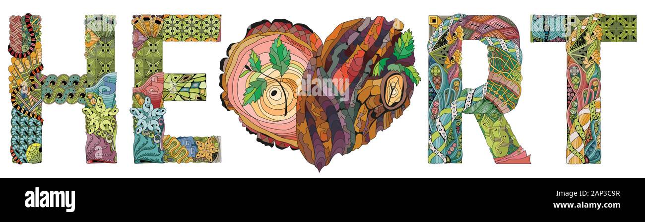 Word HEART heart tied with tree bark texture and young shoots. Vector ...