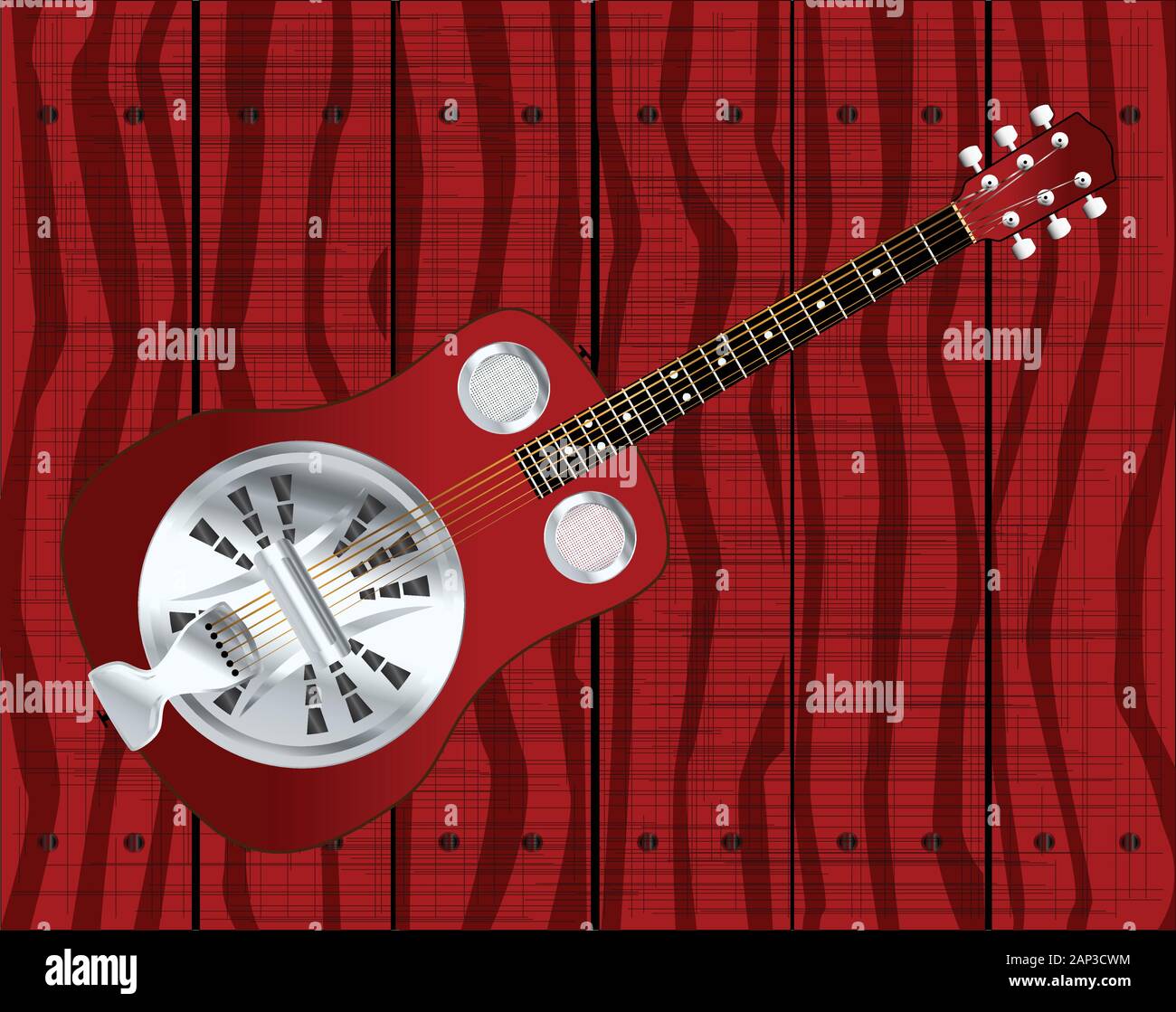 A fence made of wooden planks set with a typical rexonator dobro guitar ...