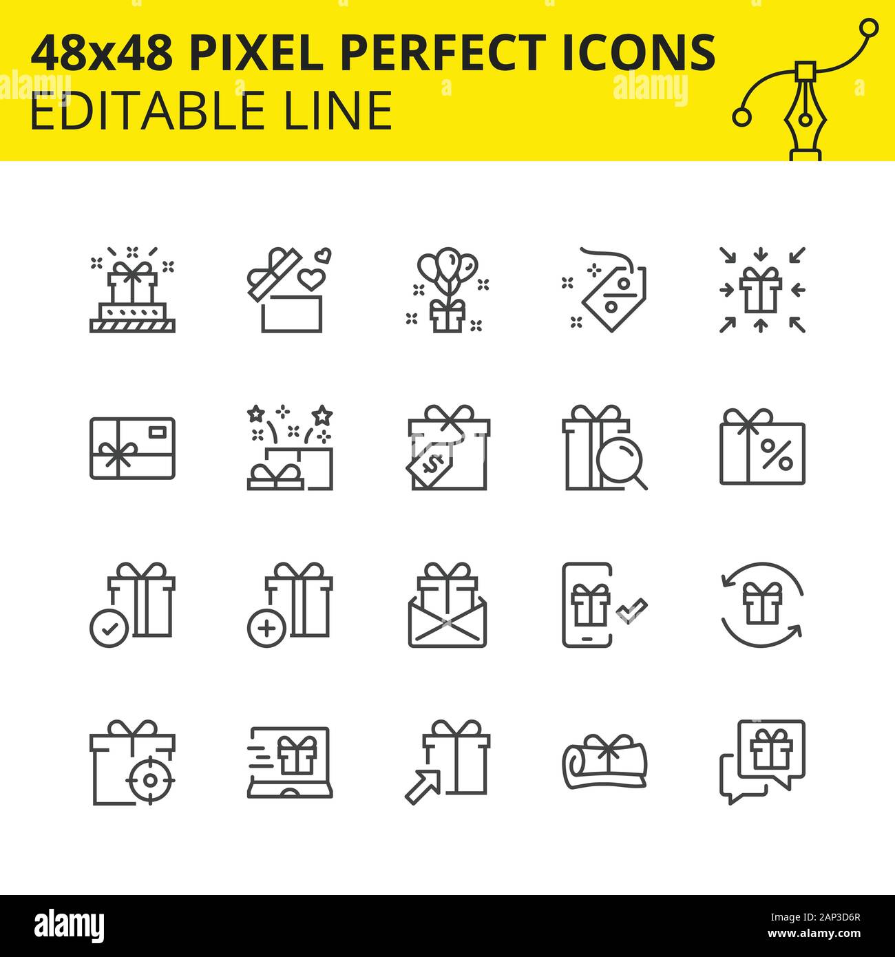 Scaled Icons of Gift boxes, presents and discount. Includes Gift card ...
