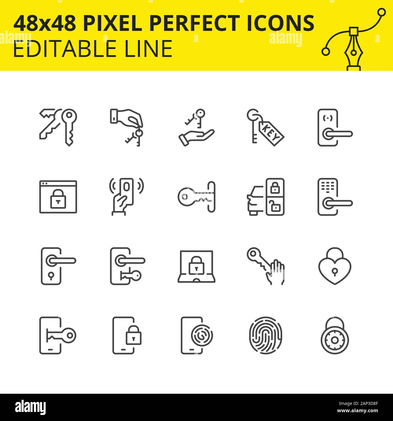 Scaled Icons of Keys, Locks and Security. Includes Fingerprint, Touch ...