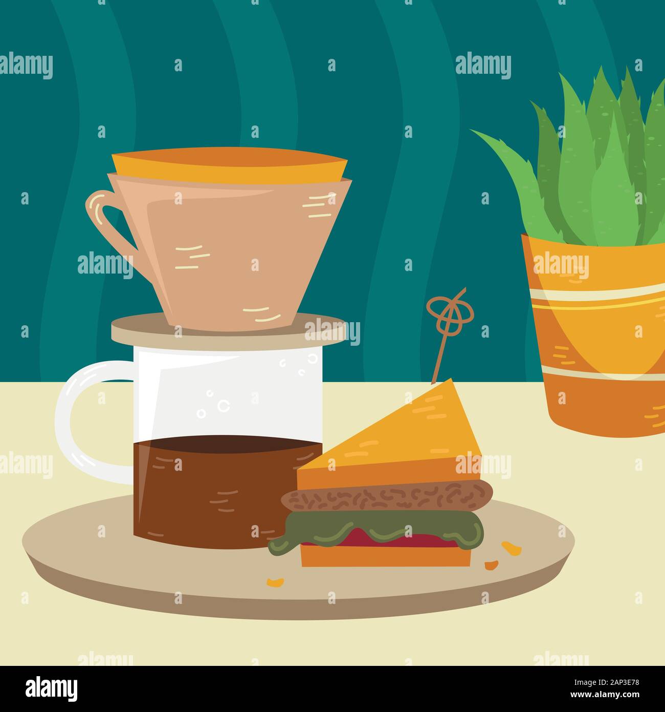 Flat vector kalita with sandwich on the table. Alternative methods of brewing coffee. Coffee ...