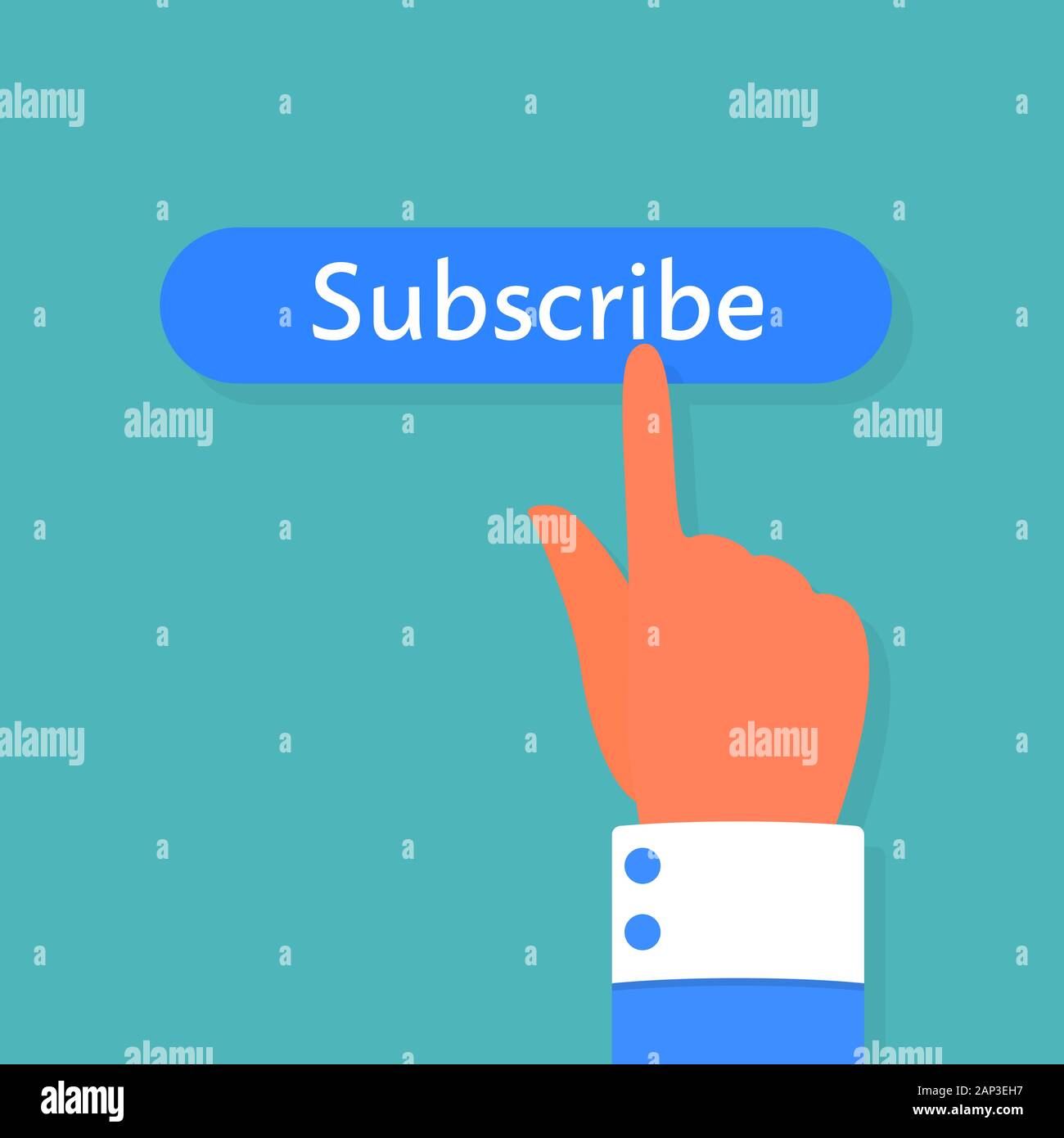 Human hand is touching subscribe button on touchscreen. Blue background ...