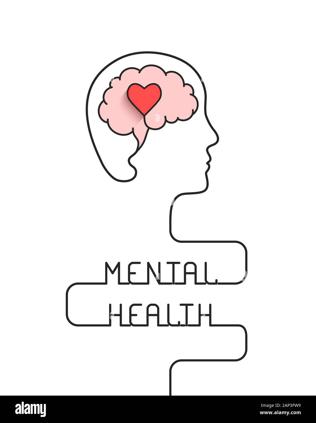 Human head and brain with heart outline as mental health, emotional ...