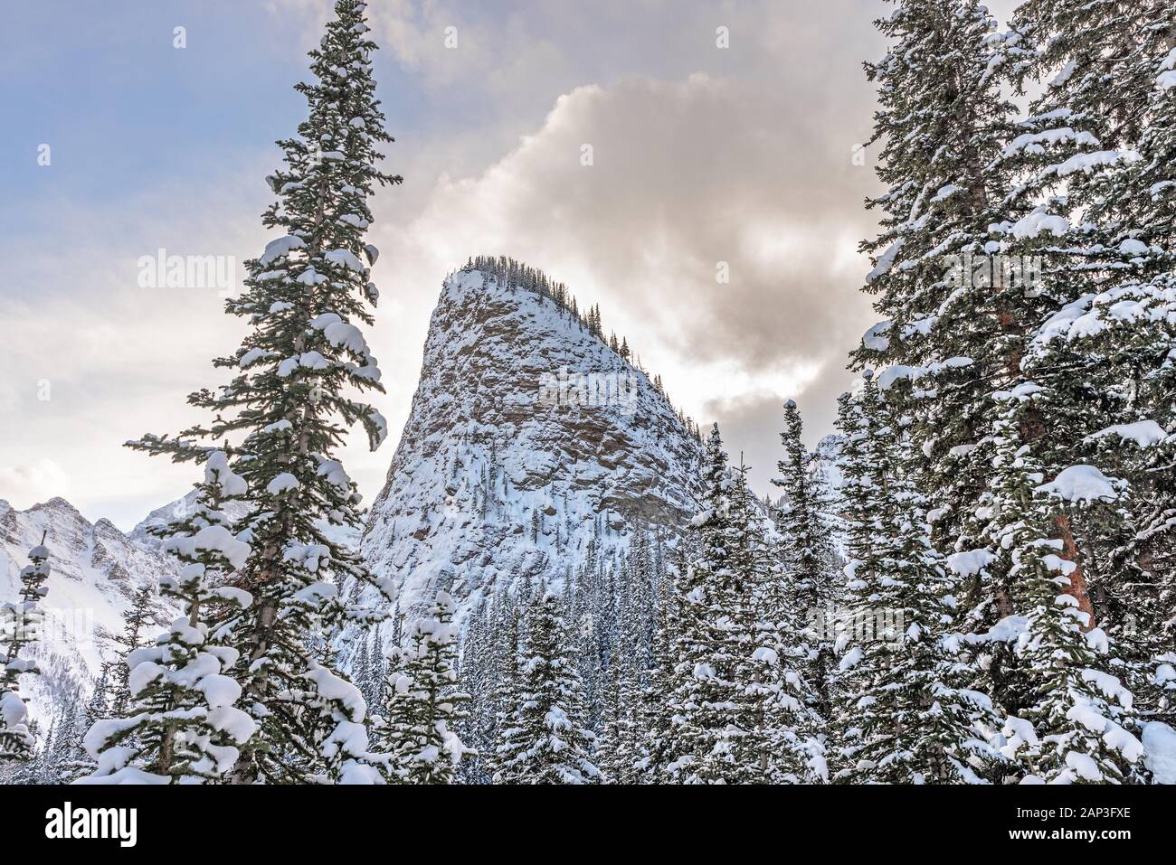 Winter view of the Big Beehive Mountain above Lake Louise in Banff ...