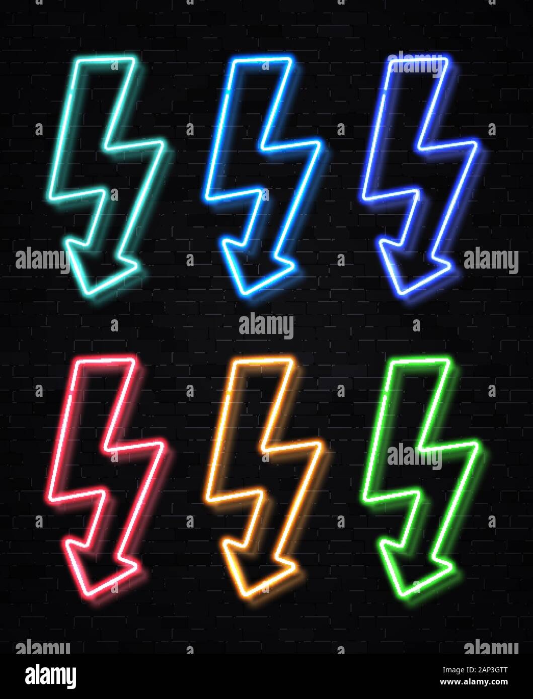 Realistic color lightning bolt neon sign set on black brick wall ...