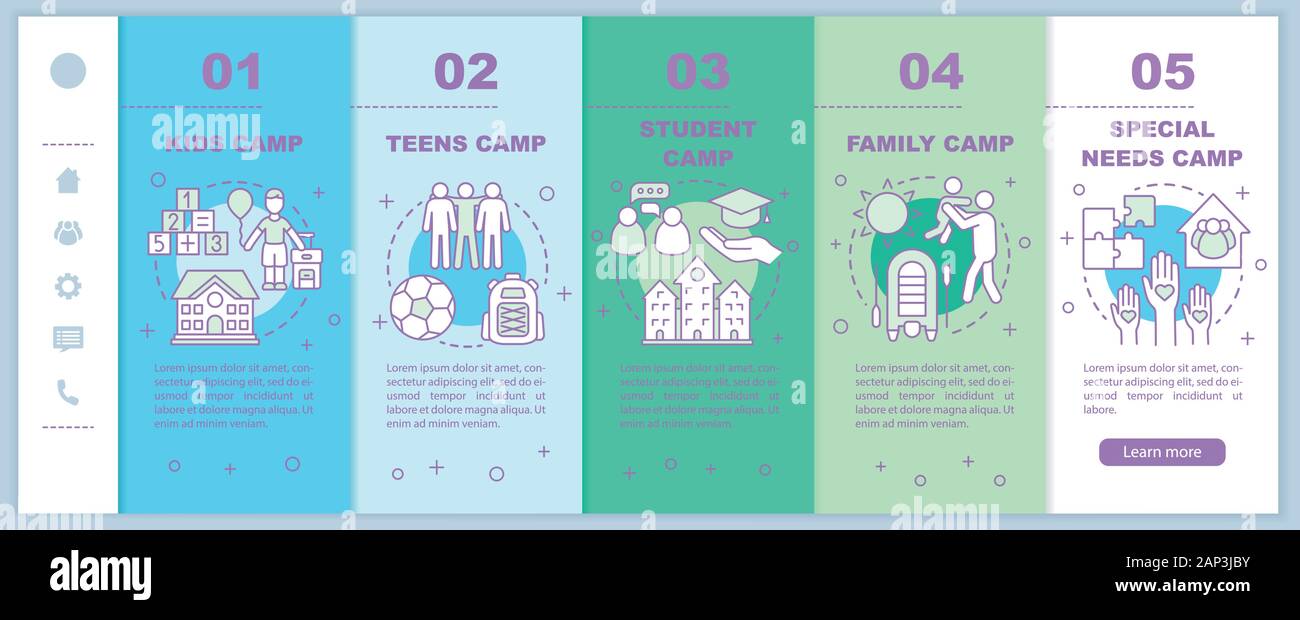 Children, family camps onboarding mobile web pages vector template ...