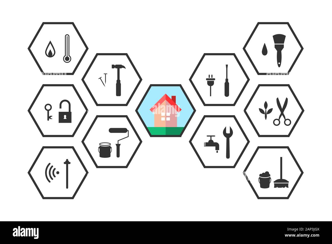 Property management concept with building and working tools set in line ...