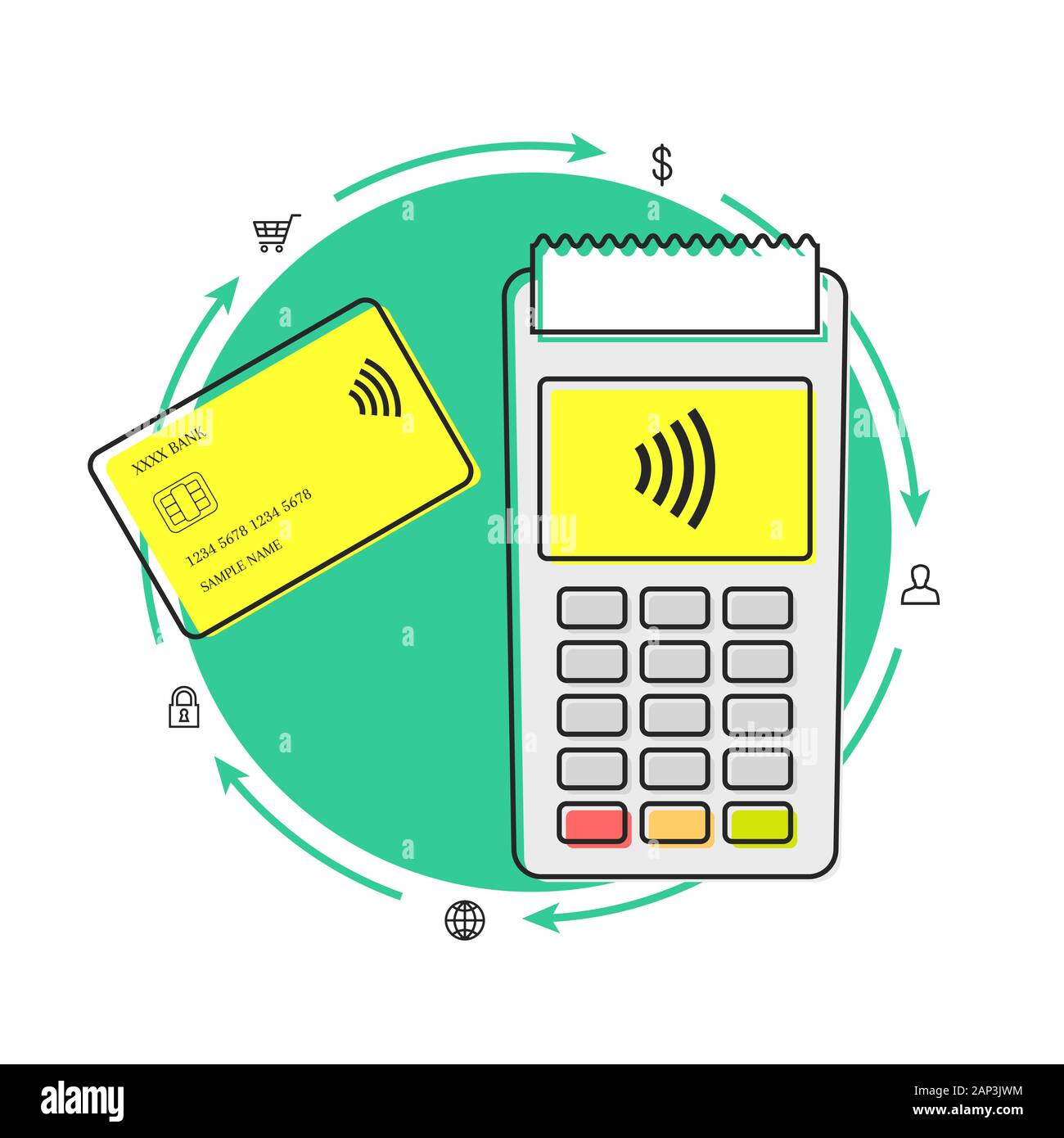 Contactless payment with POS terminal in line art isolated on white background Stock Vector ...