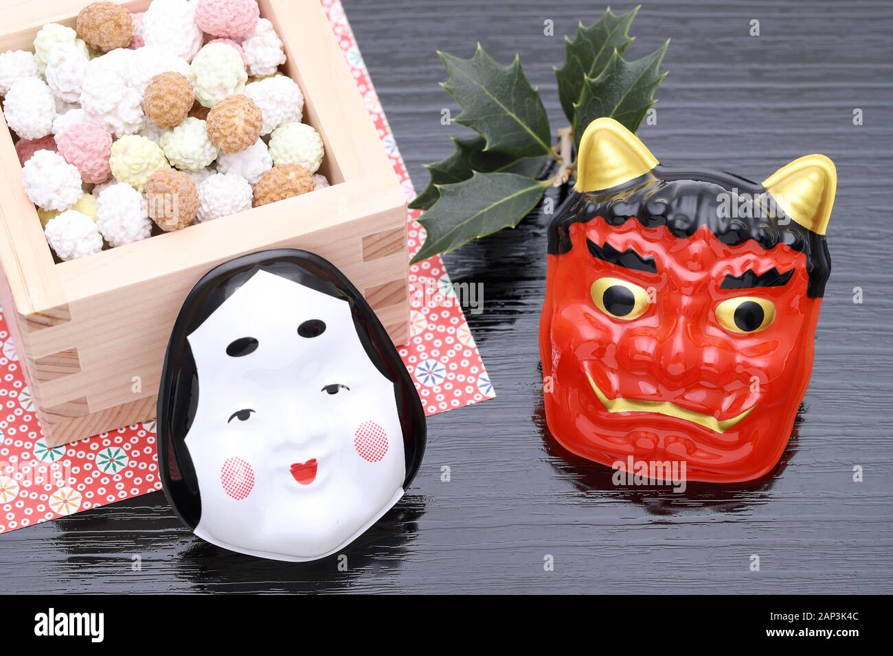 Japanese traditional Setsubun event, Masks of Oni demon and soybeans ...