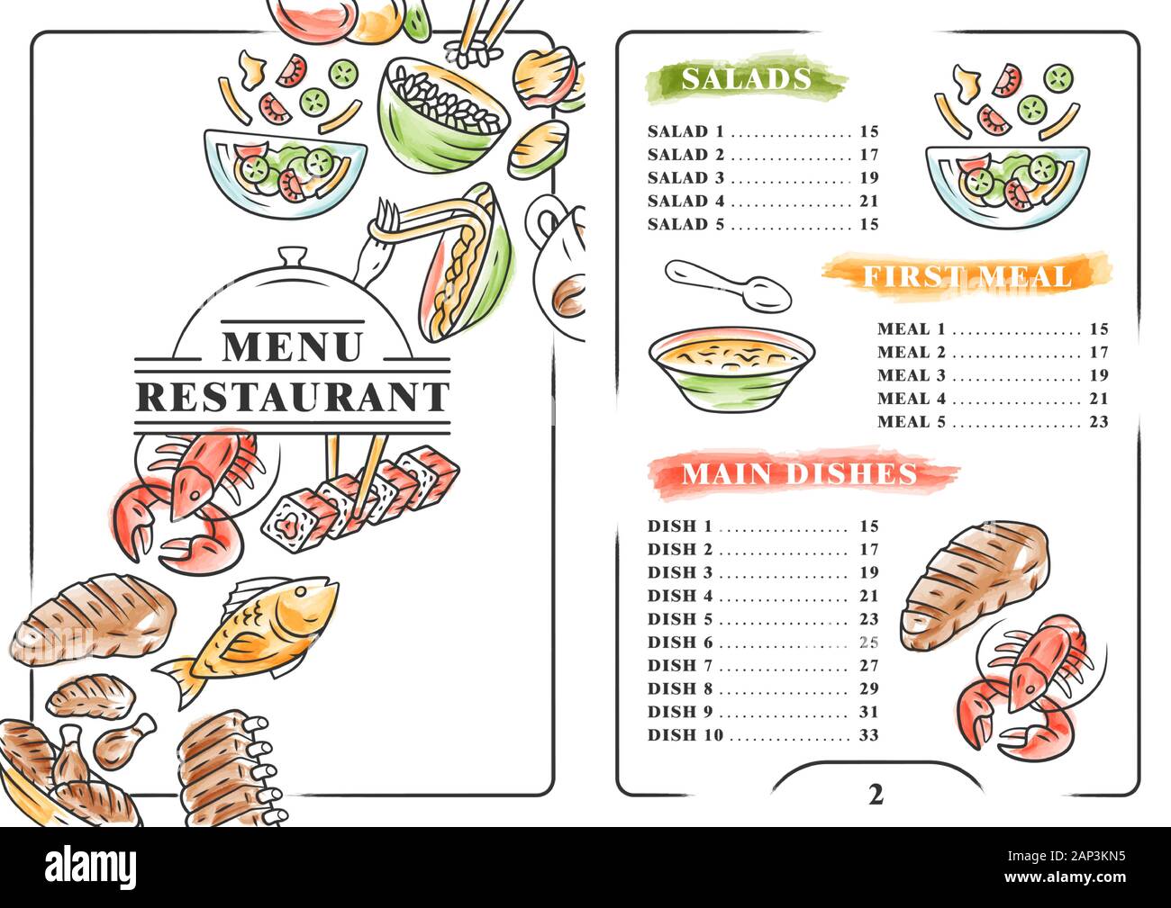 Restaurant menu color template. Salads, first meal, main dishes. Print ...